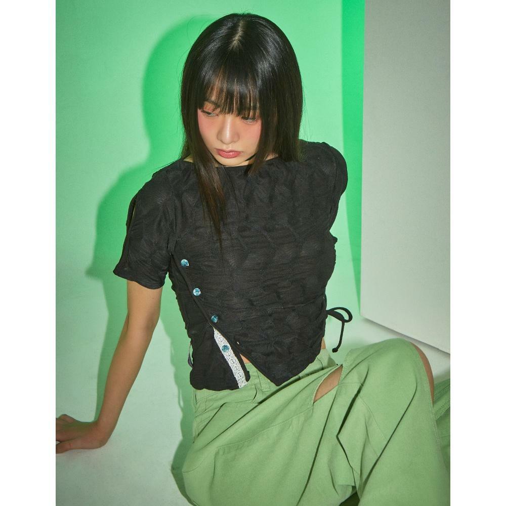 Laced Wrinkle String T-Shirt (Black) - HAGO(하고)