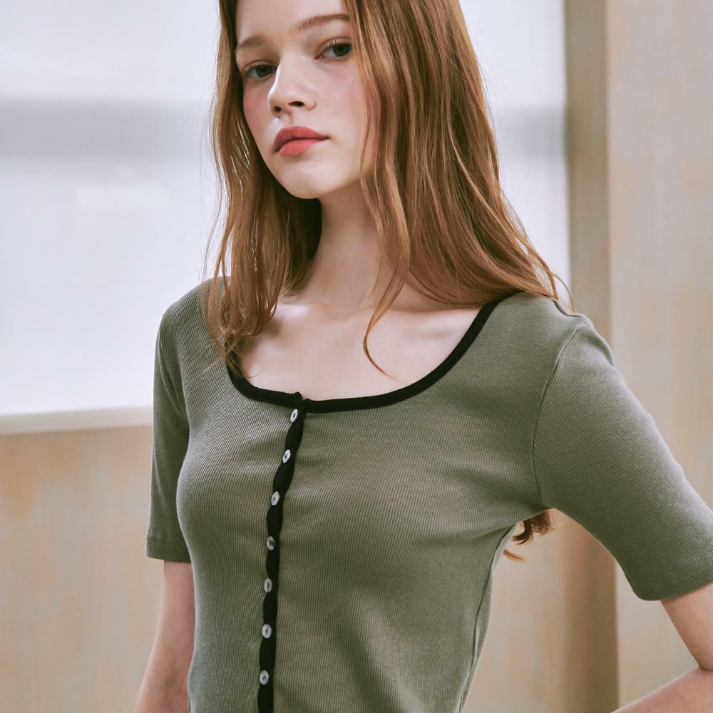 BUTTON U NECK SHORT SLEEVE CARDIGAN KHAKI - 하고(HAGO)