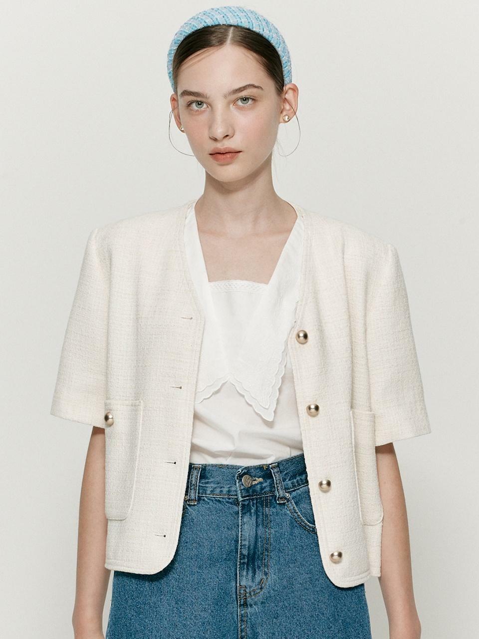 V-neck summer tweed jacket - Mix cream - HAGO(하고)