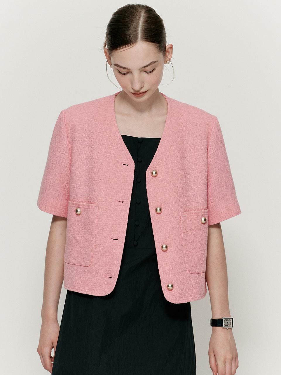 V-neck summer tweed jacket - Soft pink - 하고