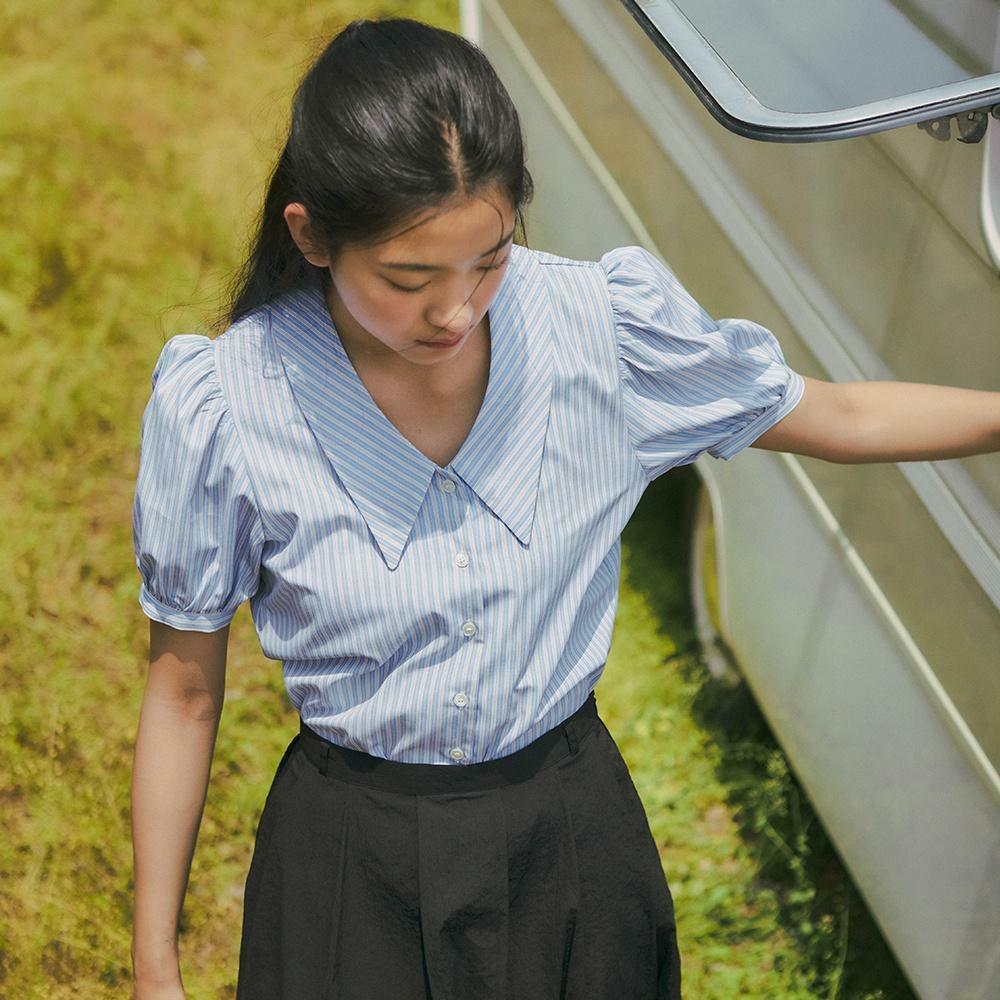 A3450 셔링 스트라이프 셔츠_Sky blue/Gold - HAGO(하고)