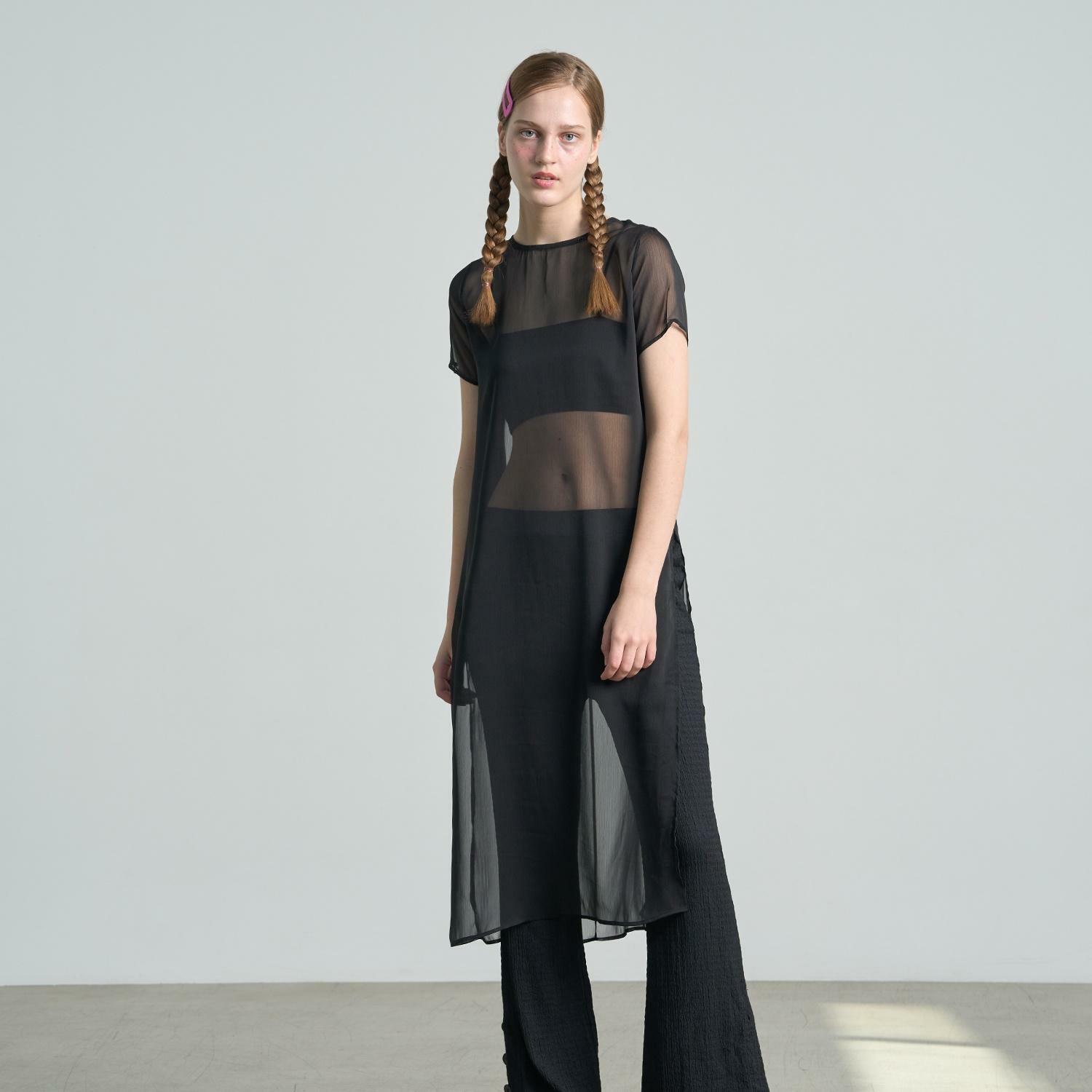 See-through Slit Short Sleeve Long Dress Black - 하고