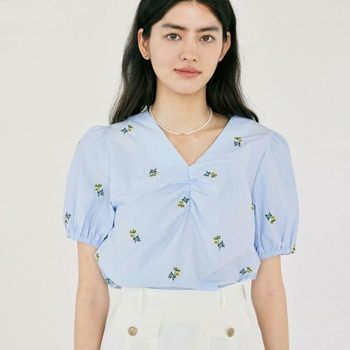H Front Shirring Flower Blouse_Sky - HAGO(하고)