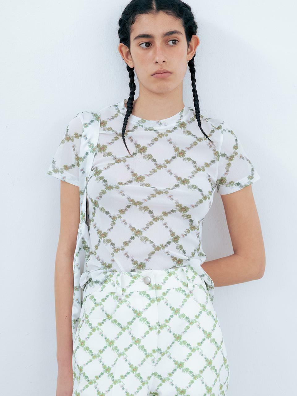 Seasonal Signature Pattern Fabric Mesh Top_Green Flower - HAGO(하고)