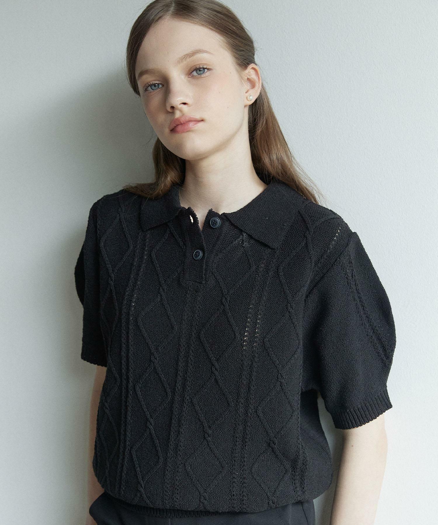 [23SM]Maryam Cable Collar Knit - Black - 하고