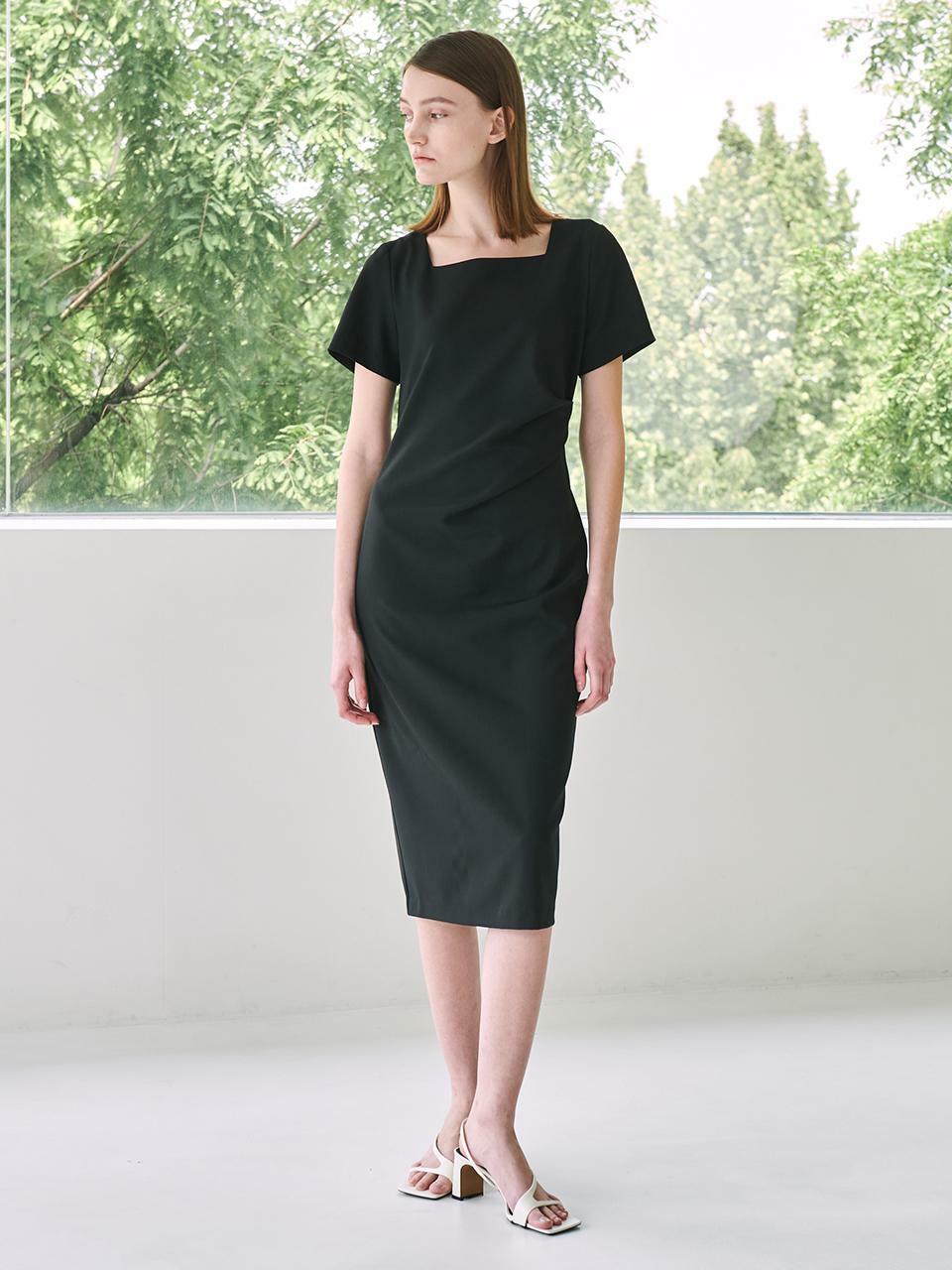 Square Neck Side Draped Dress - Black - HAGO(하고)