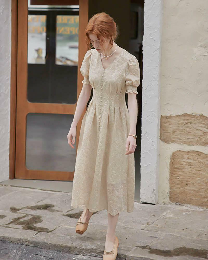 PM_Fugitive princess v neck dress_BEIGE - HAGO(하고)