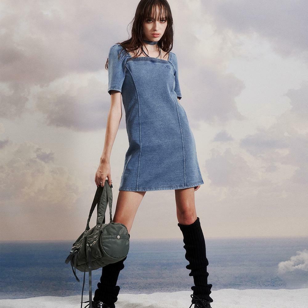 Square Denim Halter Mini Dress (LIGHT BLUE) - 하고(HAGO)