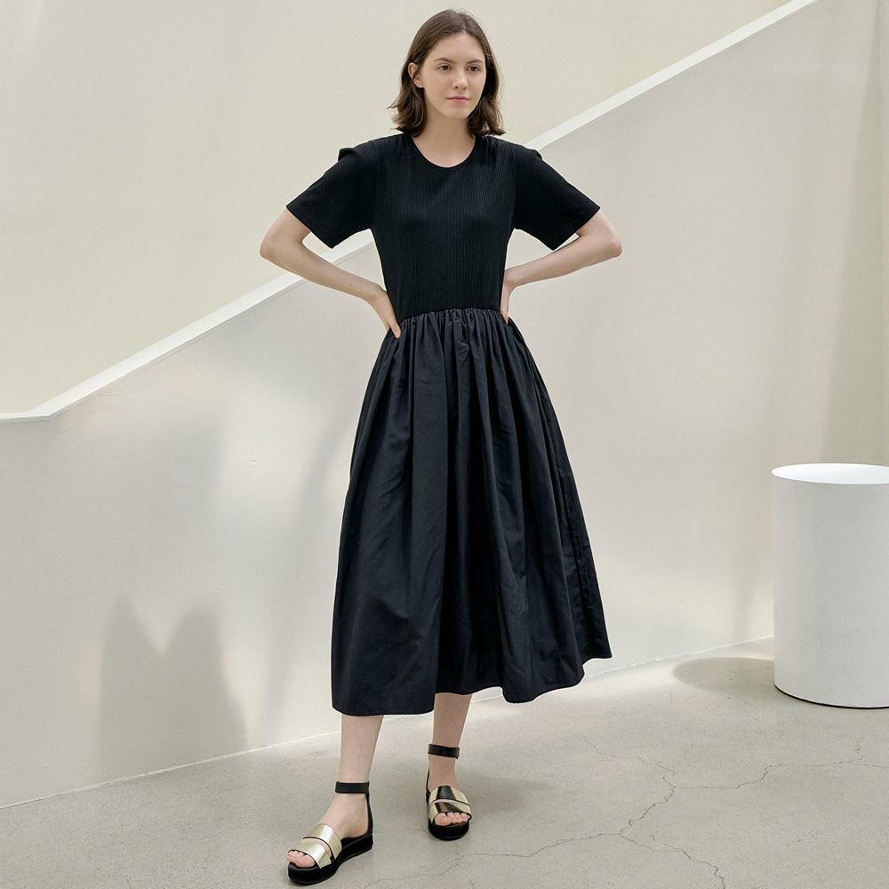 Solid Daily Shirring Dress - BLACK - HAGO(하고)