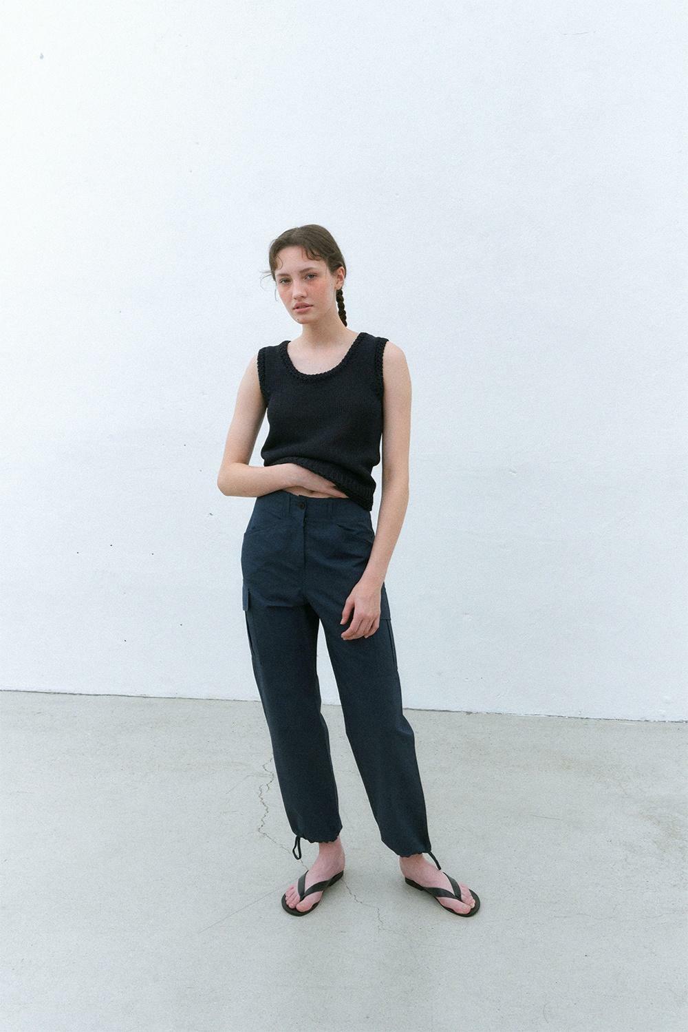 Linen drawstring cargo pants (navy) - HAGO(하고)