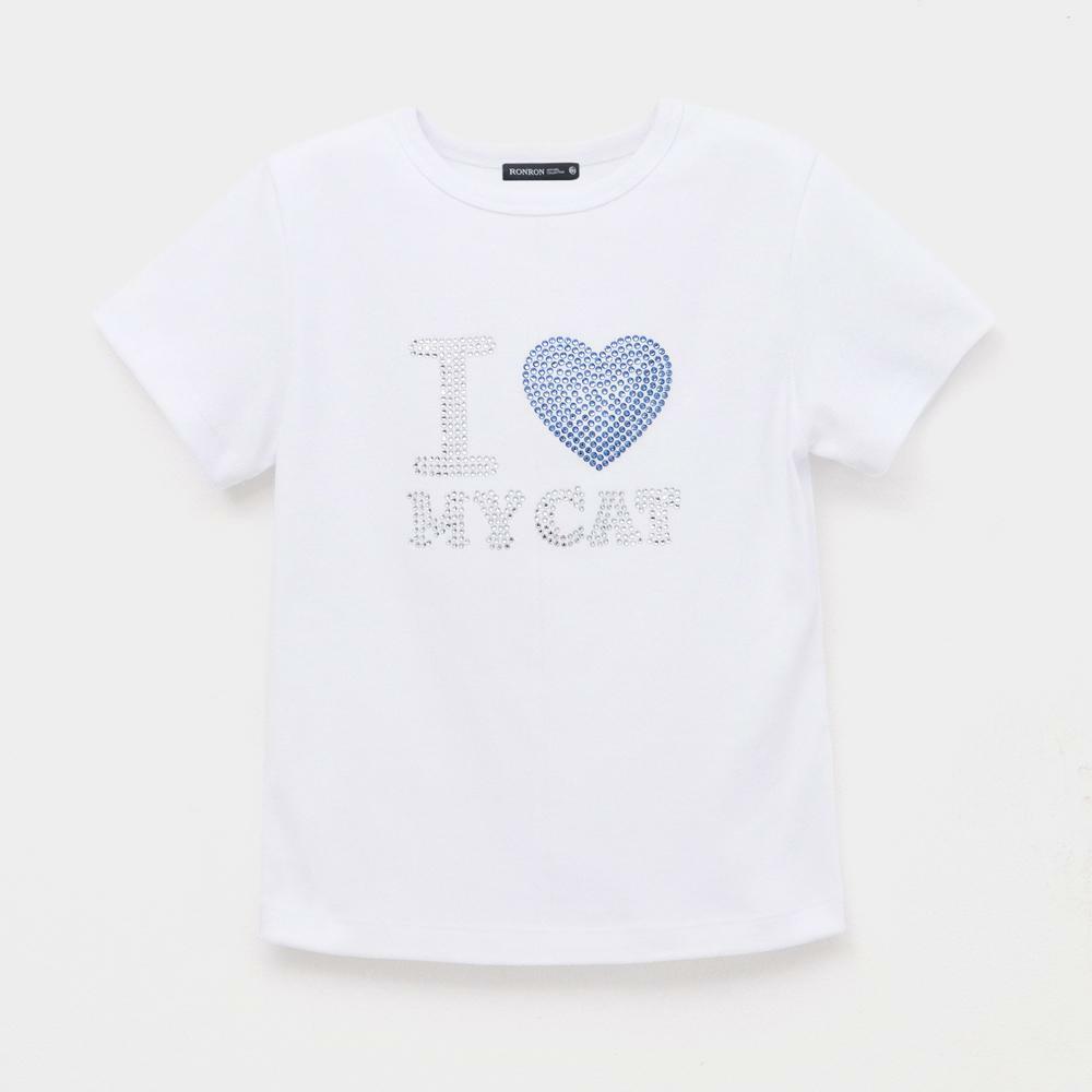 LOVE MY CAT HOTFIX SLIM CROP T SHIRTS WHITE - HAGO(하고)