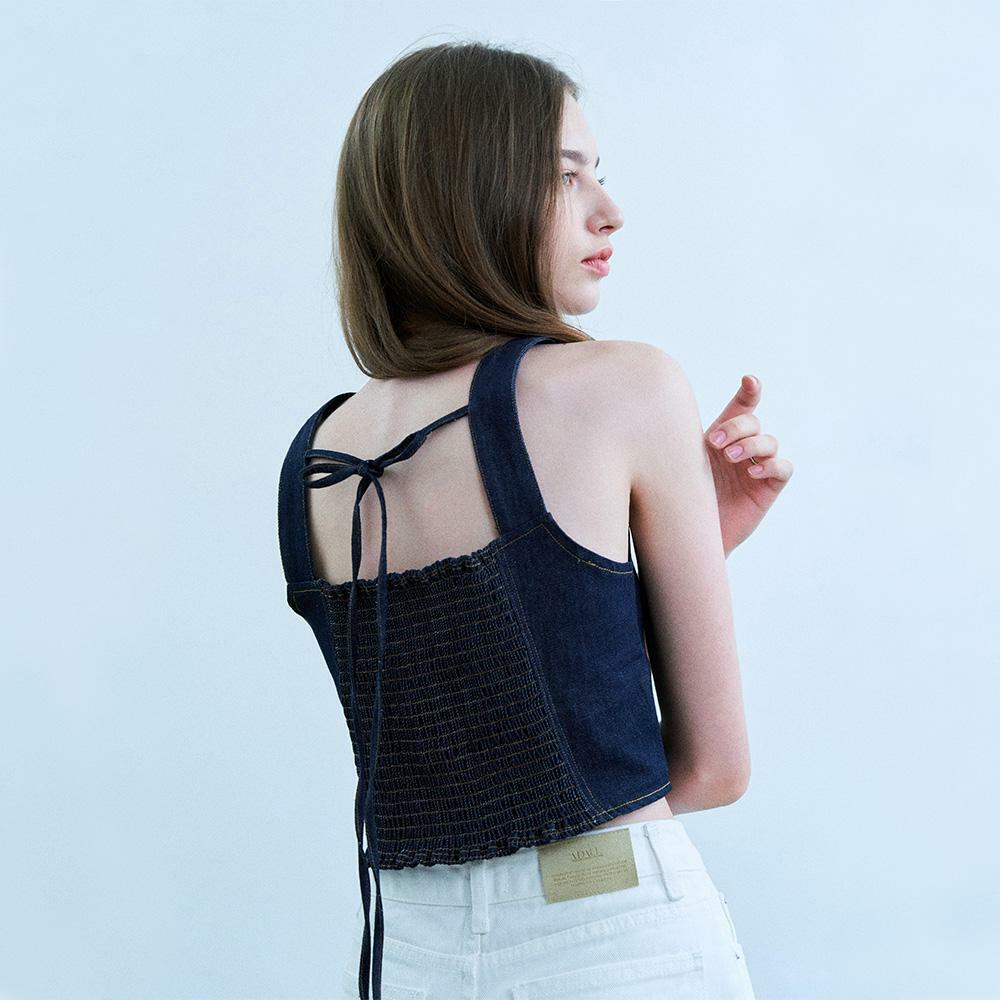 어다울 Square back seersucker ribbon sleeveless - deep blue - 위시버킷