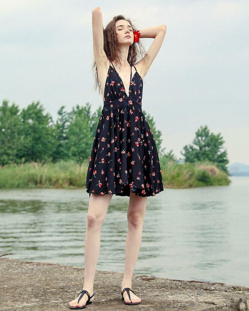 DD_Front deep v line floral dress - HAGO(하고)