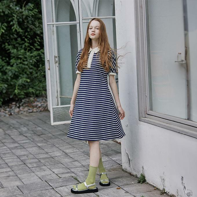 Rohan stripe collar dress - Navy - HAGO(하고)