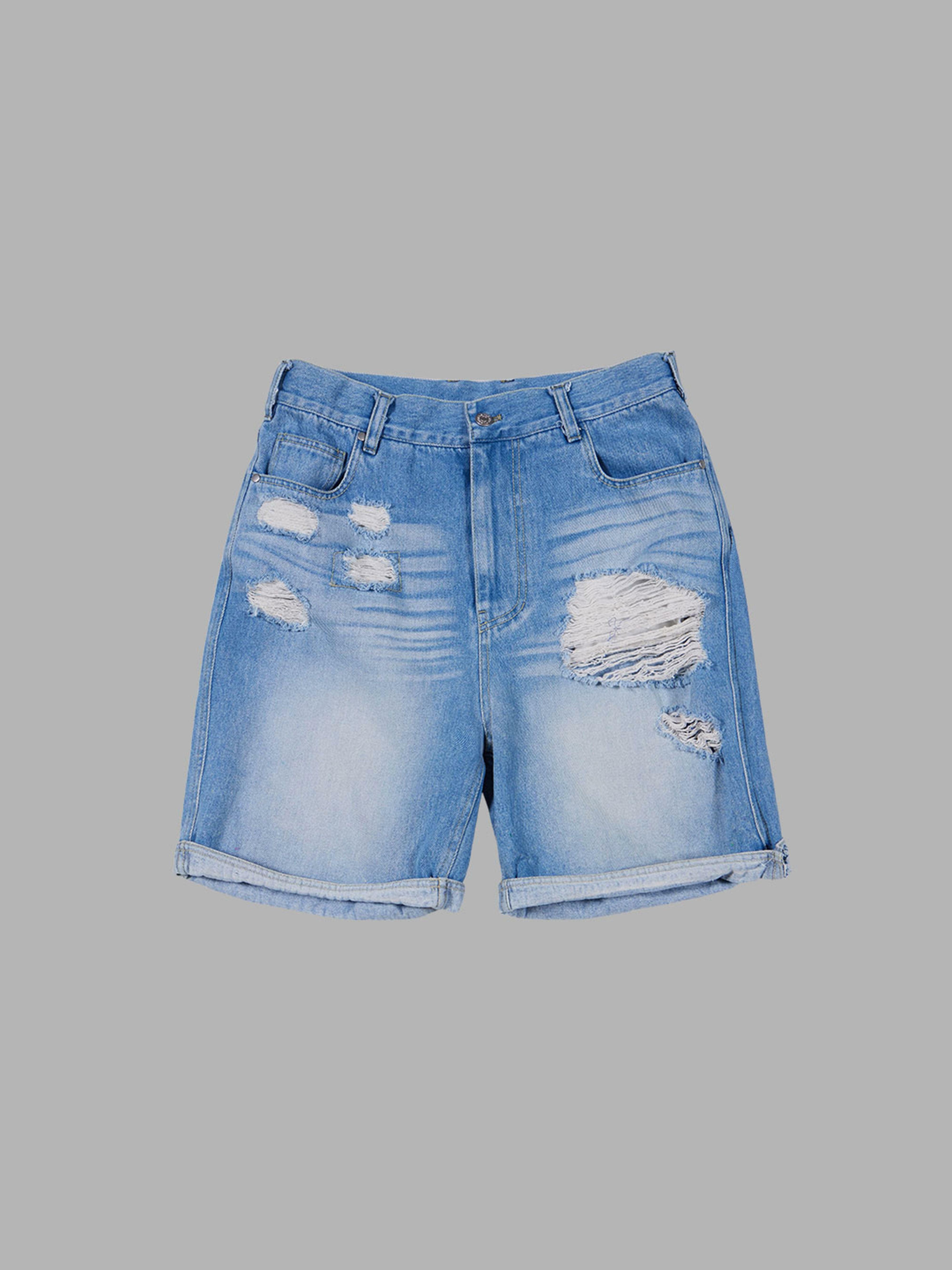 HAND KNITTED DAMAGED DENIM SHORTS - HAGO(하고)