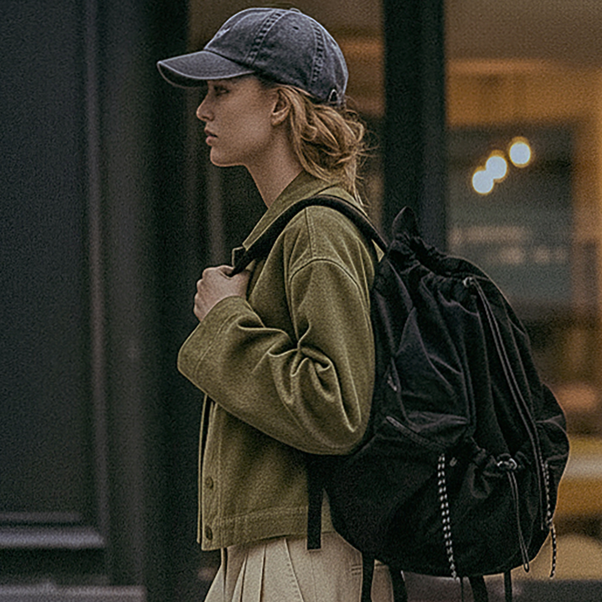 Drawstring nylon backpack rucksack Black - 하고(HAGO)