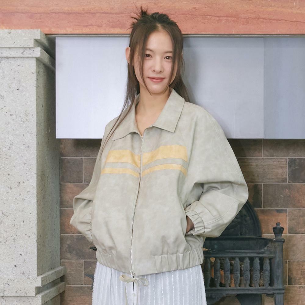 RIBBON LEATHER BOMBER JACKET (GREY BEIGE) - HAGO(하고)