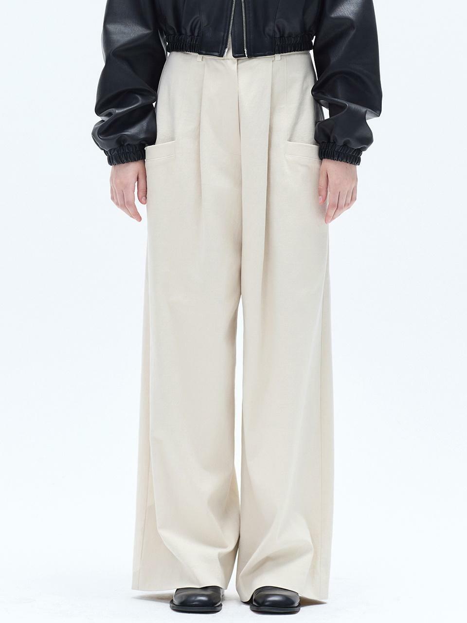 COTTON POCKET PINTUCK WIDE PANTS_IVORY - 하고