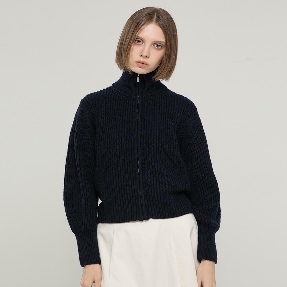 Wool high-neck cardigan - Navy - 하고