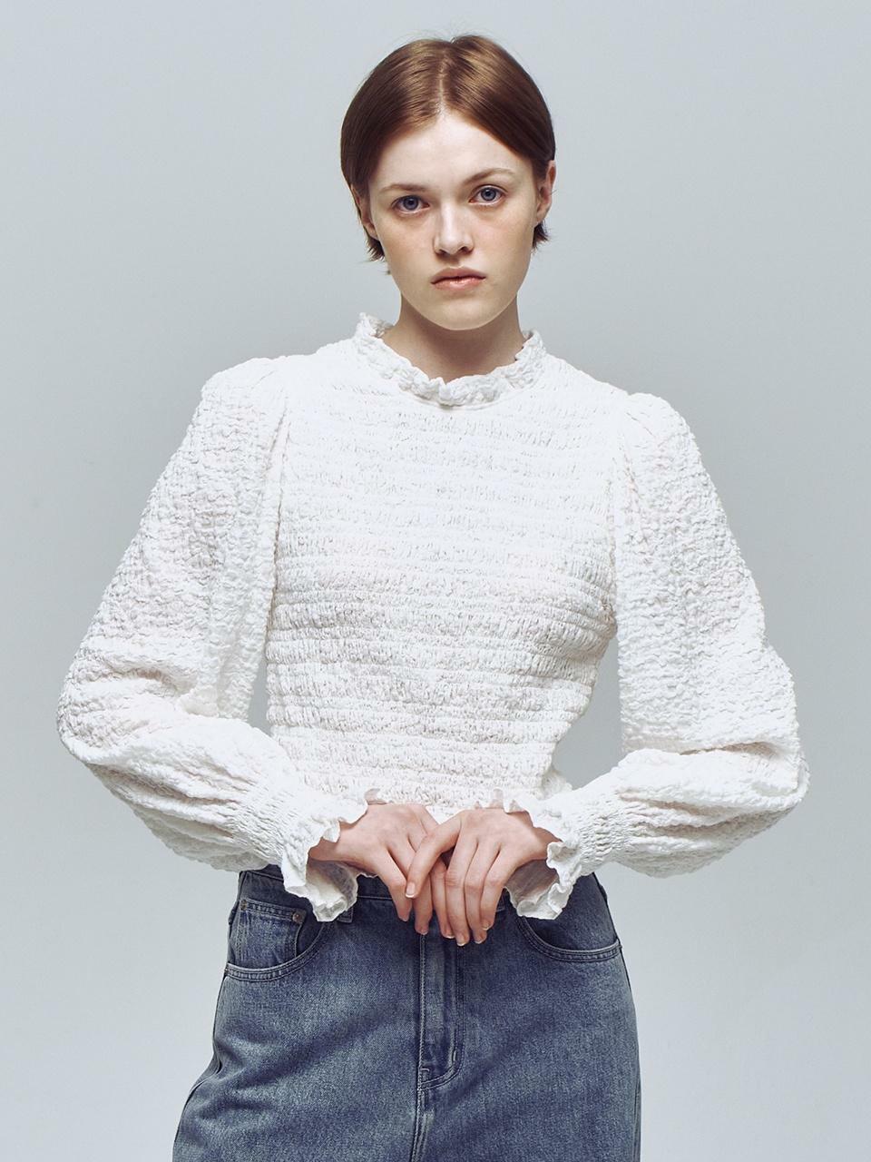 [단독 ~3.24]Smocking Pointed High Neck Blouse VC2399BL004M - 하고