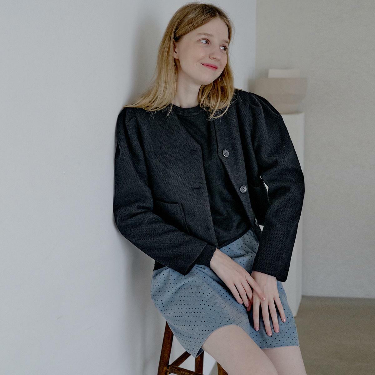 V-neck Puff Knit Jacket - BLACK - HAGO(하고)