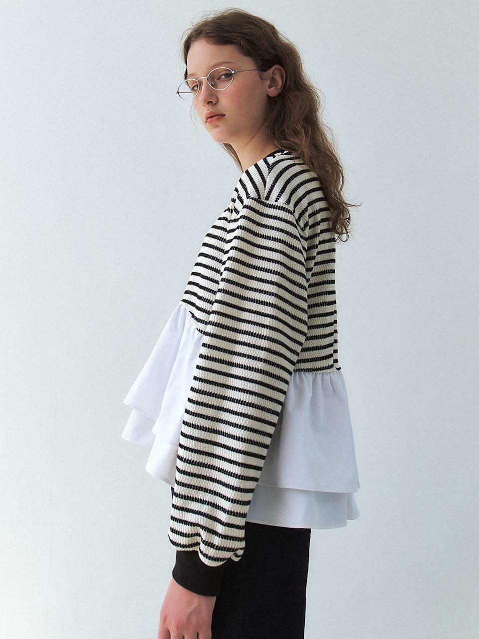 Double shirt layered sweatshirt - Black Stripe - HAGO(하고)