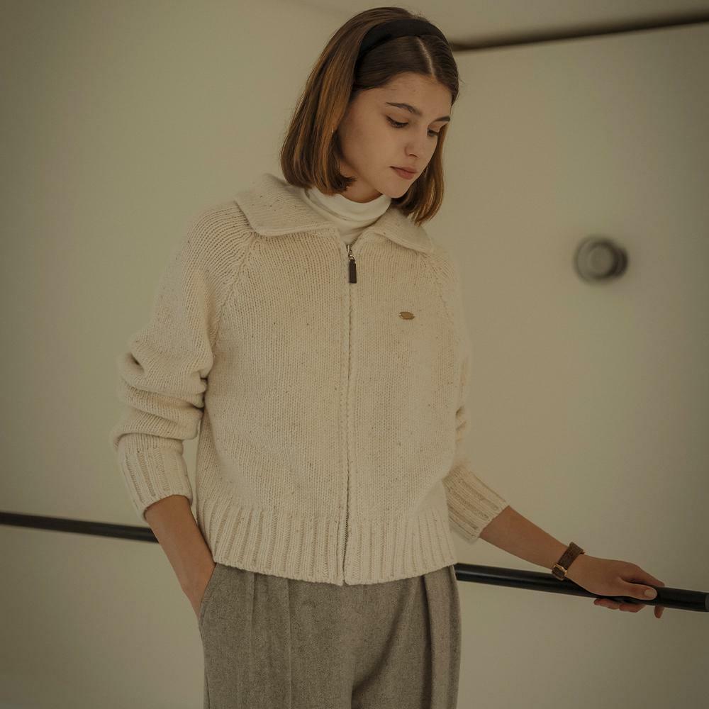 Crimson wool collar zip-up cardigan_Oatmeal - 하고(HAGO)