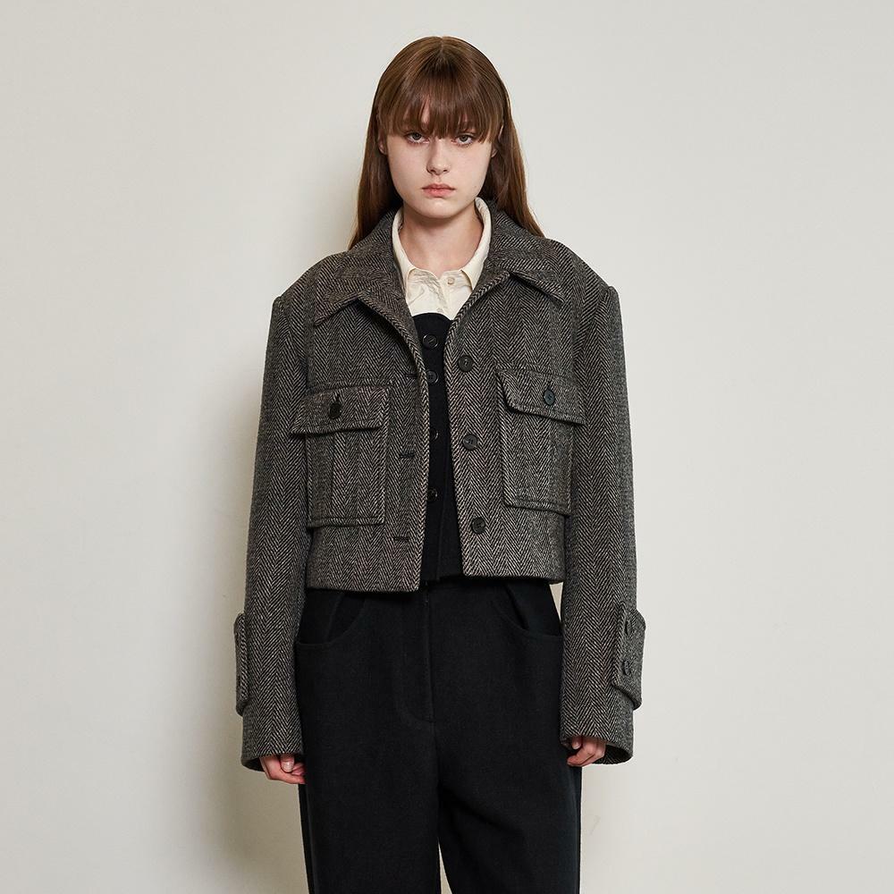 Oversized Pocket Herringbone Cropped Coat_BLACK - 하고(HAGO)