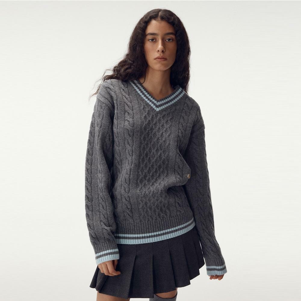 Preppy V-Neck Knit, Grey - HAGO(하고)