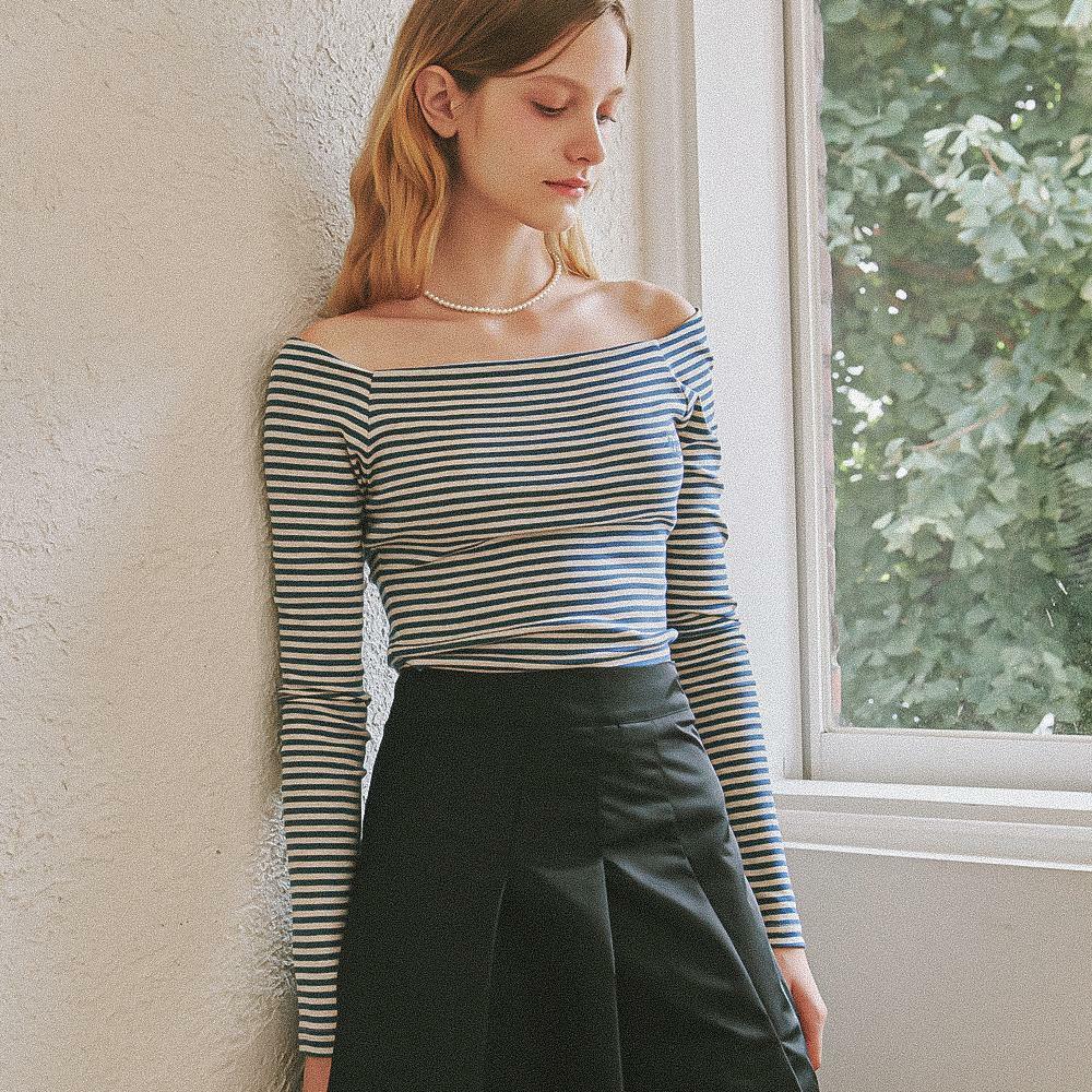 OFF SHOULDER LONG SLEEVE DEEP BLUE STRIPE - HAGO(하고)