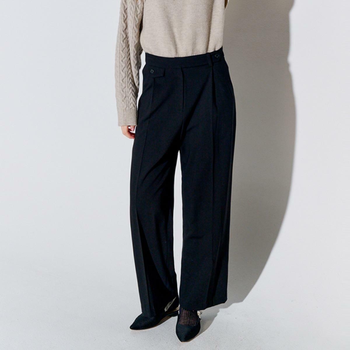 Button Point Wool Pintuck Wide Slacks Black - HAGO(하고)