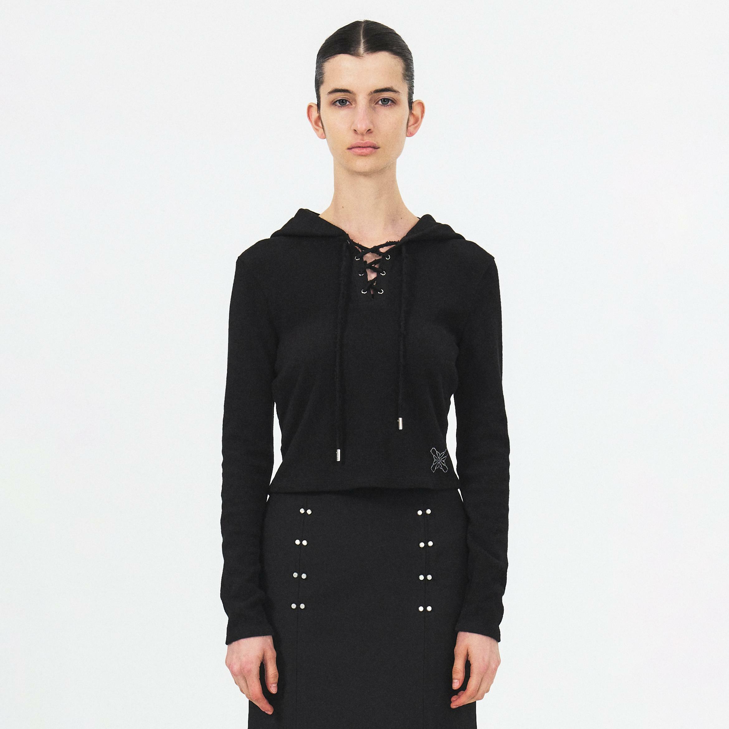 STRING ANGORA HOODIED LONG SLEEVE TOP (BLACK) - HAGO(하고)