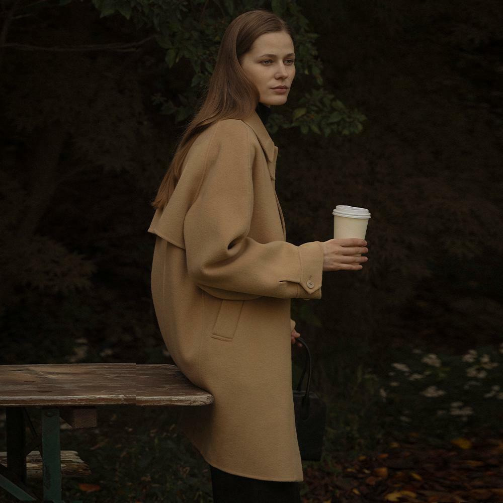 Minimal cape strap collar wool coat_Beige - HAGO(하고)