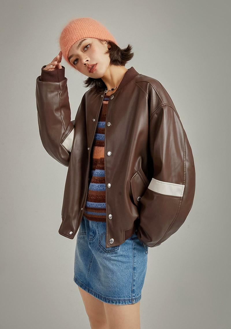 Color Varsity Leather Jacket - 하고(HAGO)