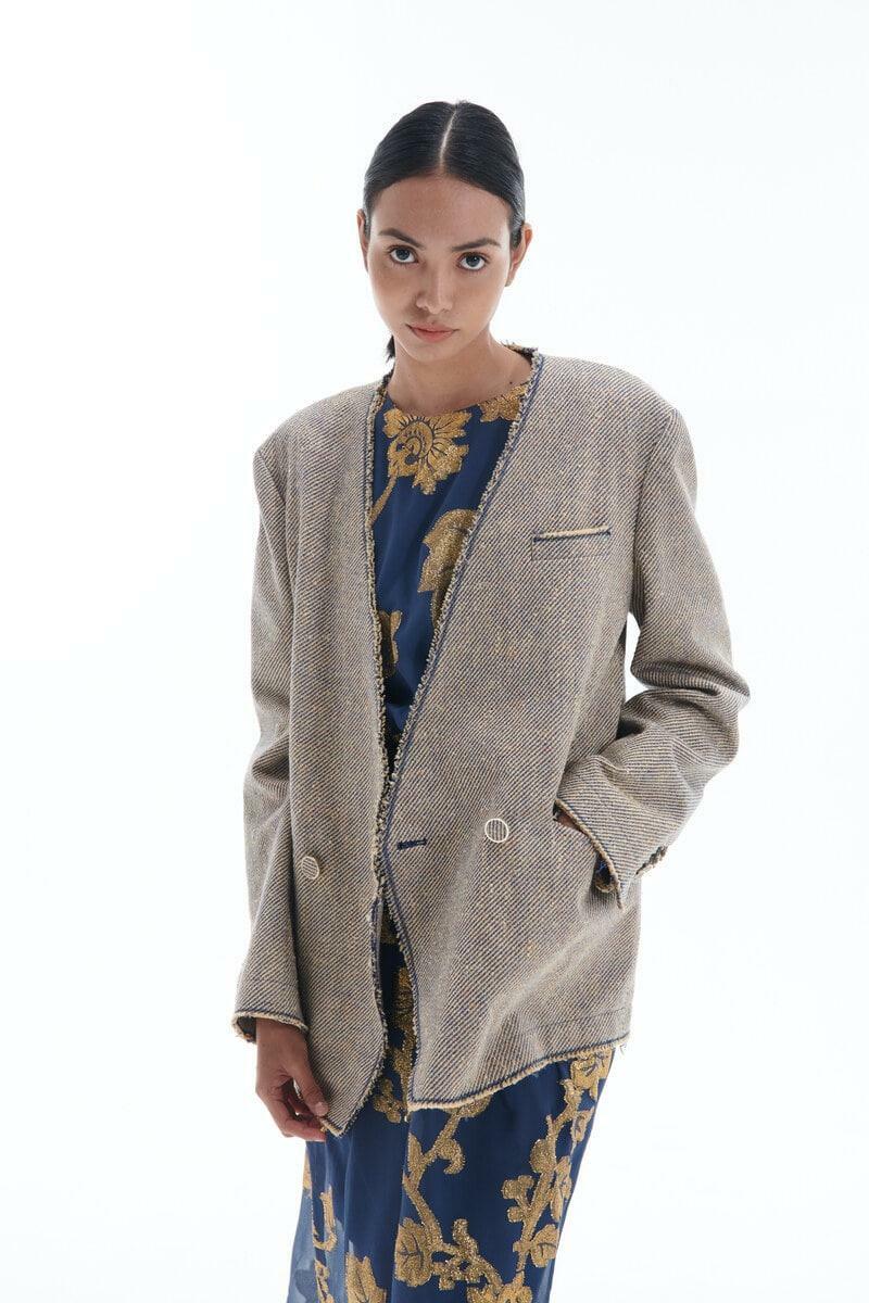 [Premium]Collarless Wool Silk Tweed Jacket - HAGO(하고)