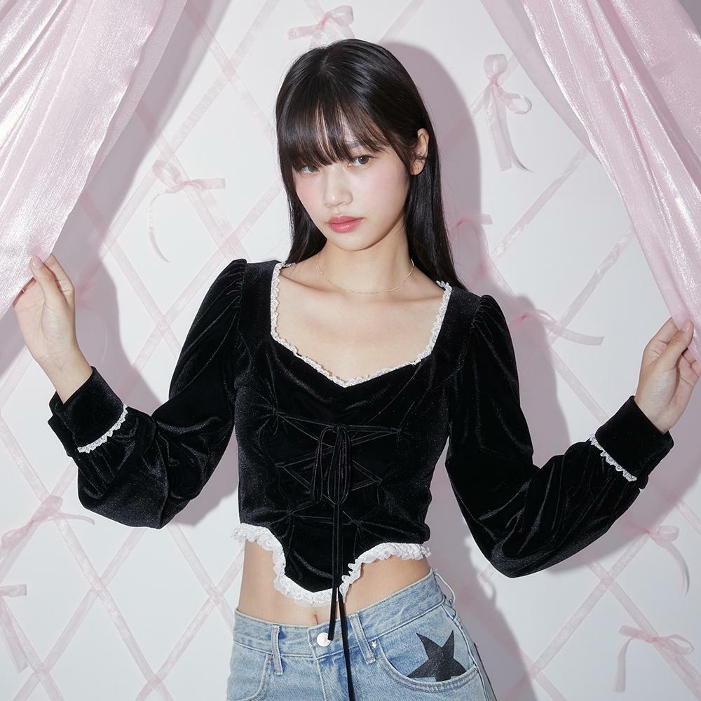 VELVET CORSET BLOUSE (BLACK) - HAGO(하고)