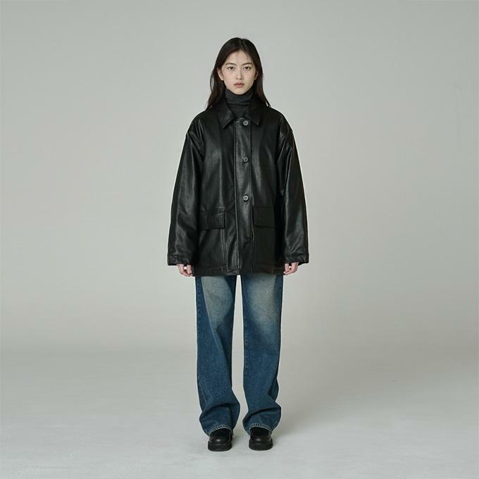 Casual Padding Leather Jacket (Black) - HAGO(하고)