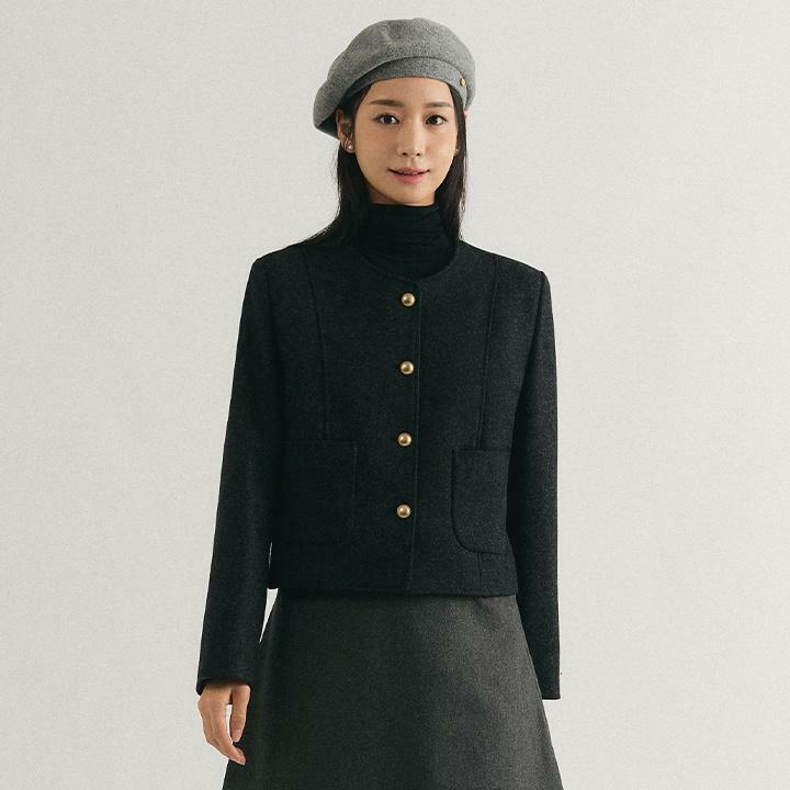 Round Gold Button Wool Jacket - Black - HAGO(하고)