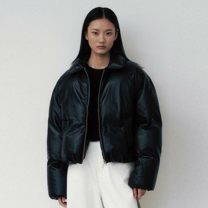 Duckdown Leather Short Padding (Black) - 하고