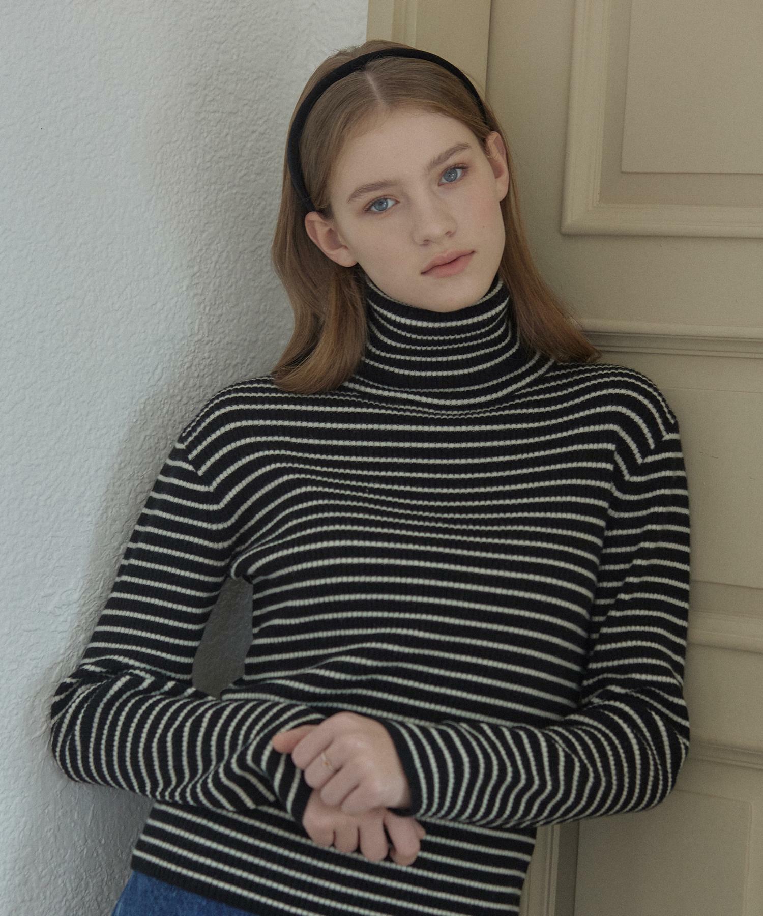 Cashmere Stripe Turtleneck Knit - Black - HAGO(하고)