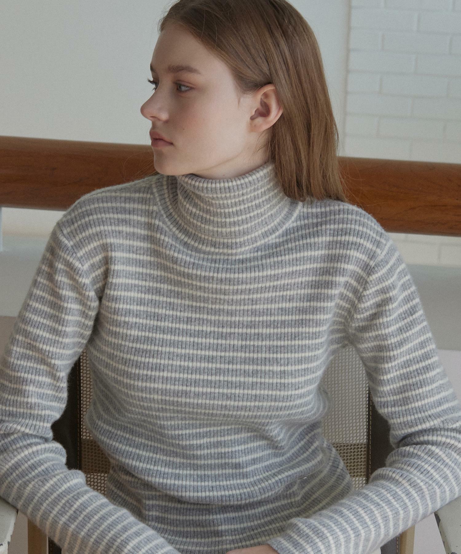Cashmere Stripe Turtleneck Knit - Grey - HAGO(하고)