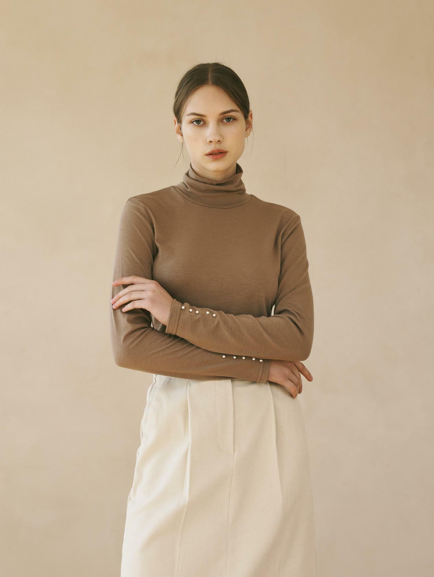 Soft Pearl Turtle Neck Knit Top _ Mocha - HAGO(하고)