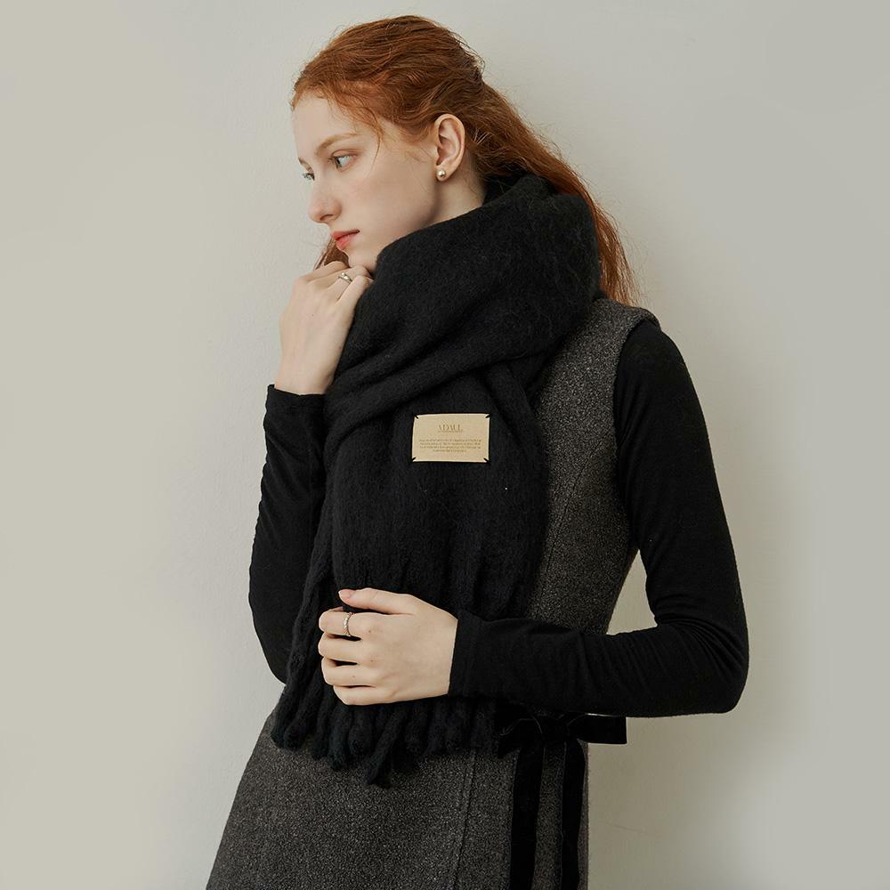 Simple patch wool long muffler - black - 하고