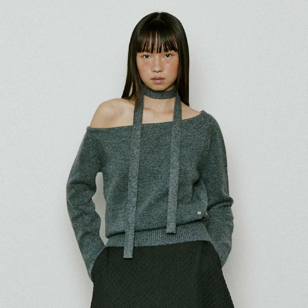 Wool One shoulder+muffler Knit (charcoal) - HAGO(하고)