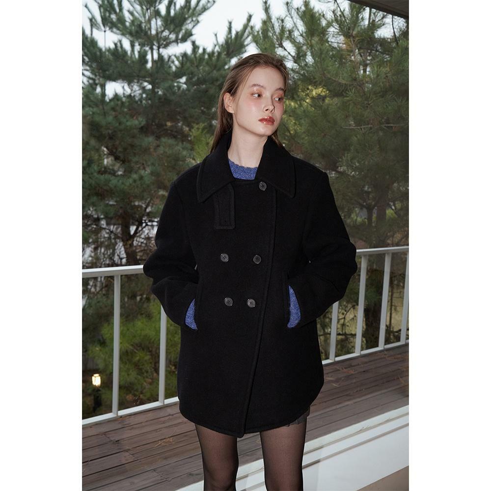 DOUBLE BREASTED BUTTON HALF COAT(BLACK) - HAGO(하고)