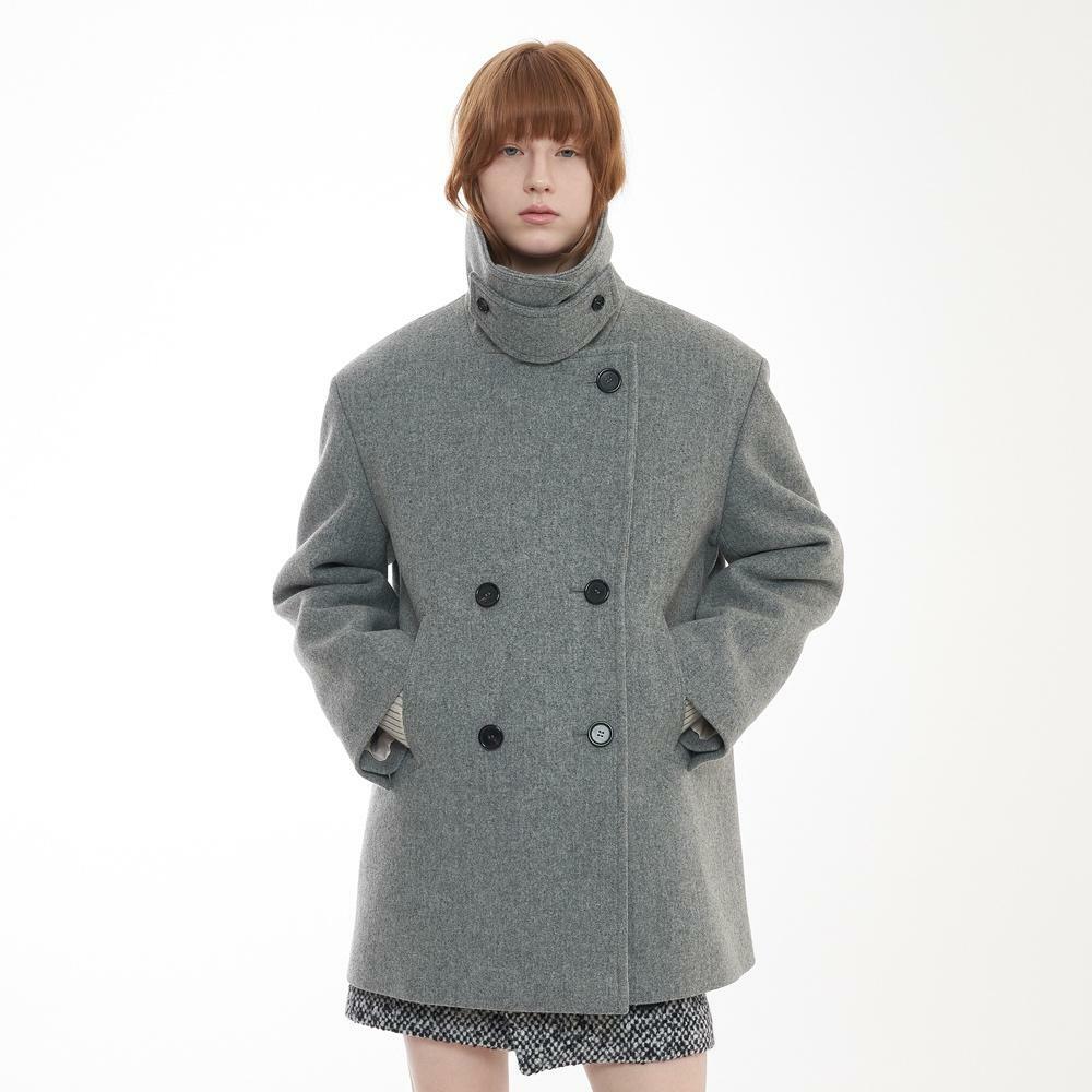 Oversized Double-breasted Wool Pea Coat_Melange Grey - 하고(HAGO)