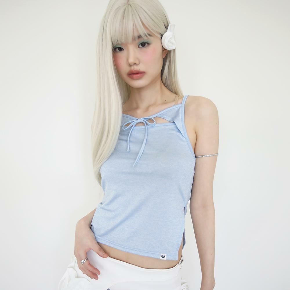 CUT OUT RIBBON SLEEVELESS TOP BLUE - HAGO(하고)