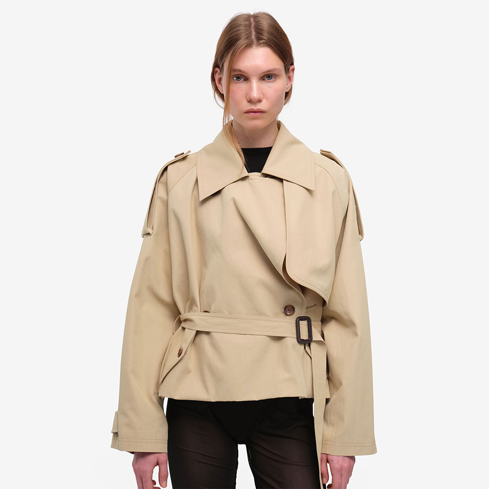 DRAPE BRESTED HALF TRENCH COAT_BEIGE - 하고