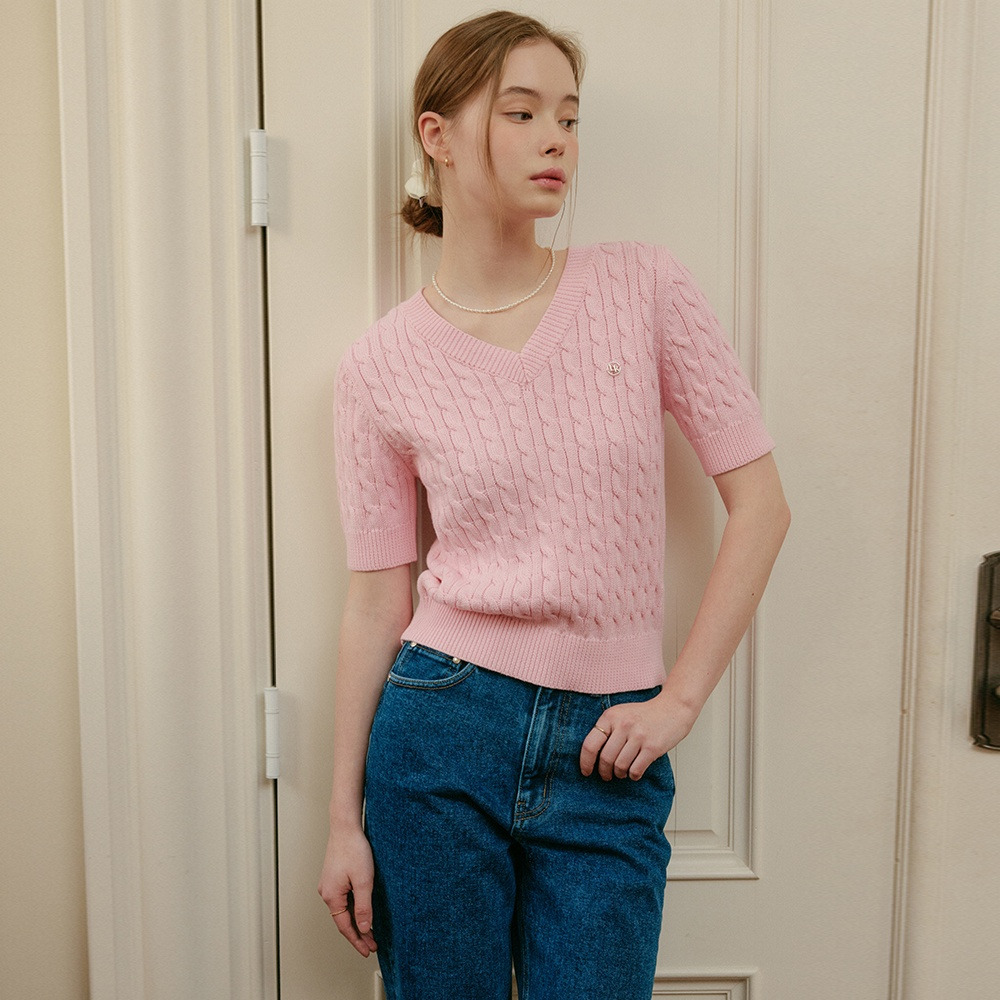 해리 케이블 브이넥 니트_핑크 / HARRY CABLE V NECK KNIT_PINK - 하고