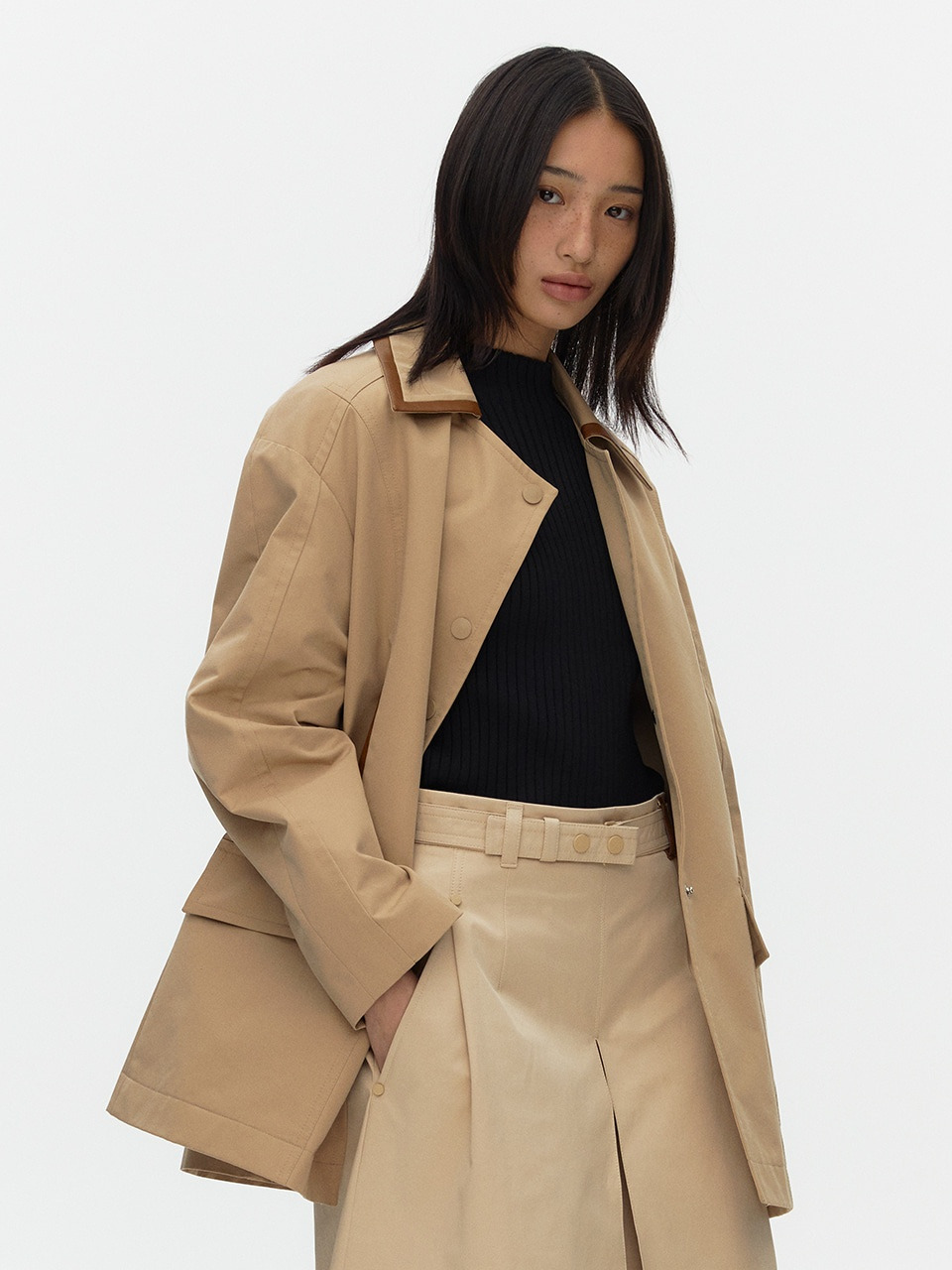 Leather Combo Half Trench_BEIGE - HAGO(하고)